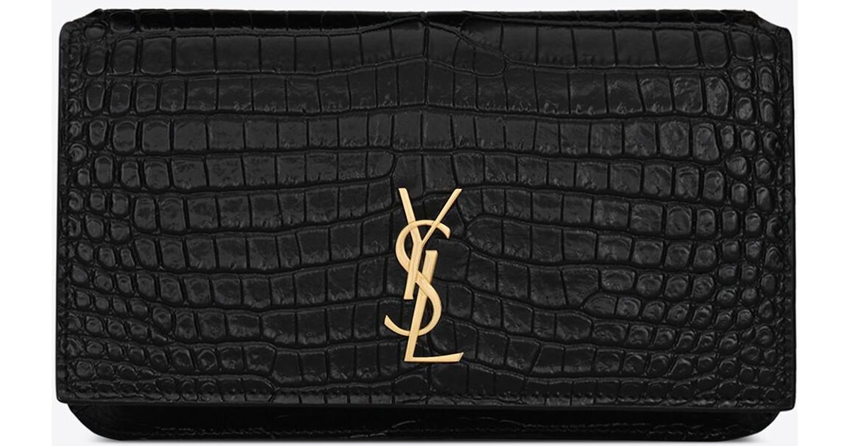 Saint Laurent Cassandre Phone Holder With Strap In Shiny Crocodile Embossed Leather In Black Lyst