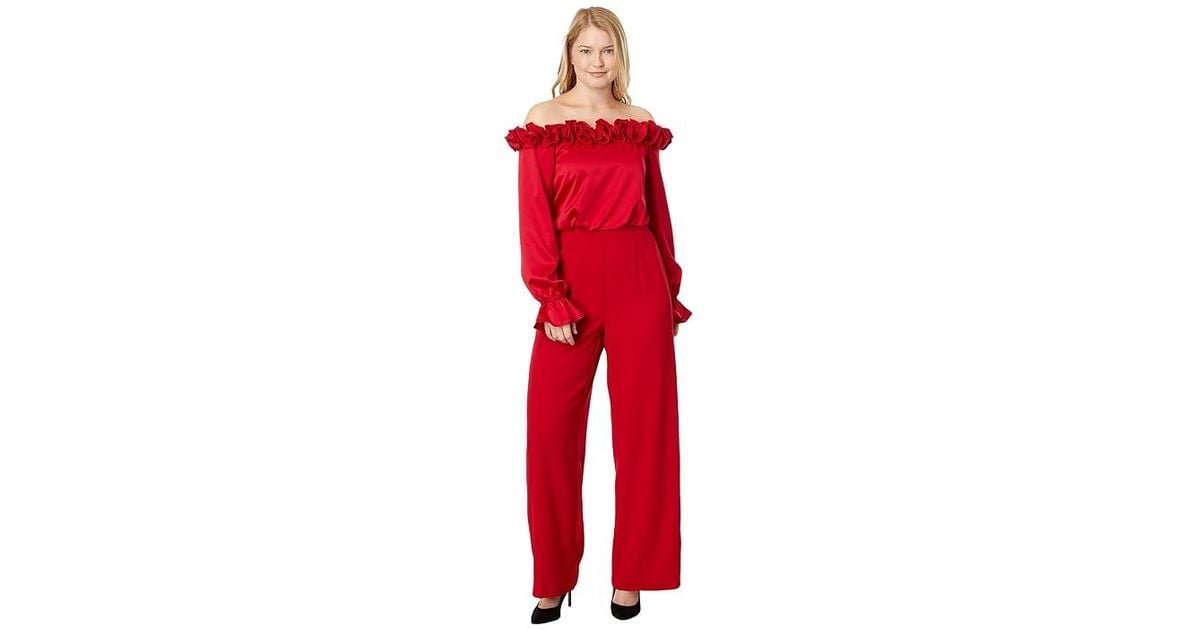 Adrianna Papell Satin Crepe Off The Shoulder Rosette Jumpsuit (Hot Ruby) Jumpsuit & Rompers One ...