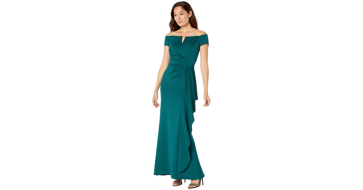 Xscape Synthetic Long Scuba Off The Shoulder Dress With Side Ruffle In