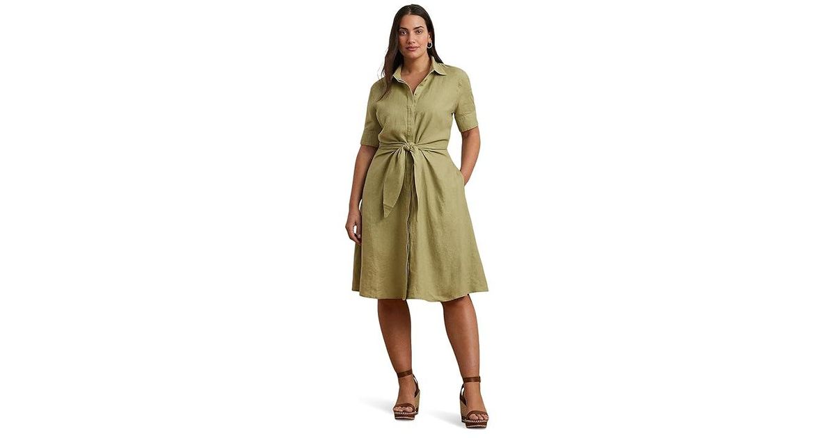 Ralph Lauren Plus Size Wakana Elbow Sleeve Day Dress Dress, Linen in Green | Lyst