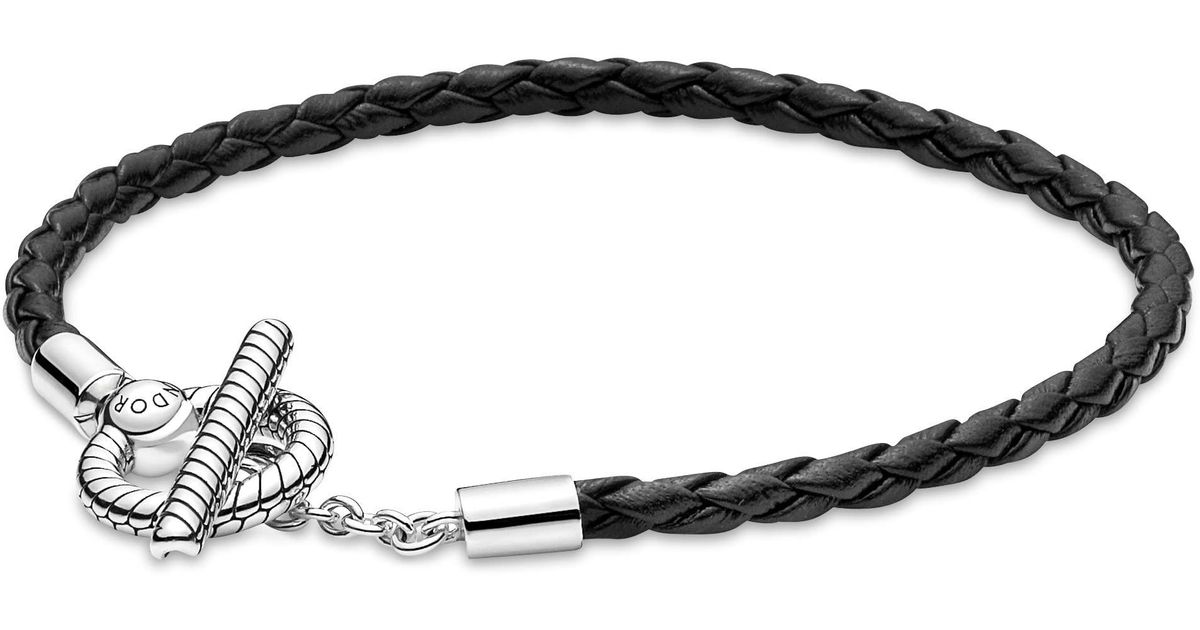 PANDORA Braided Leather T-bar Bracelet in Black | Lyst