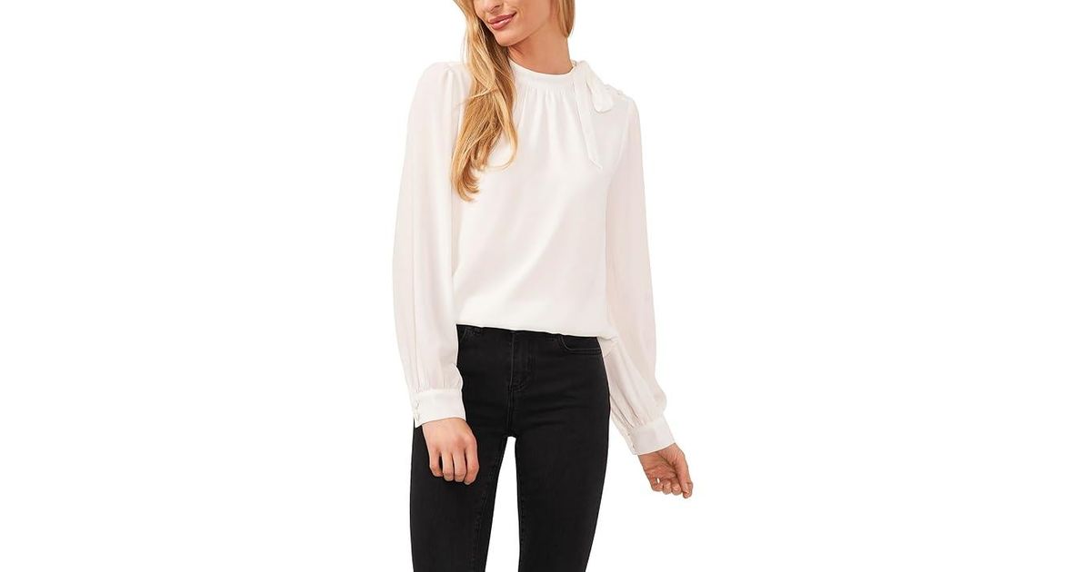 Cece Long Sleeve Tie Neck Button Shoulder Blouse (New Ivory) Clothing ...