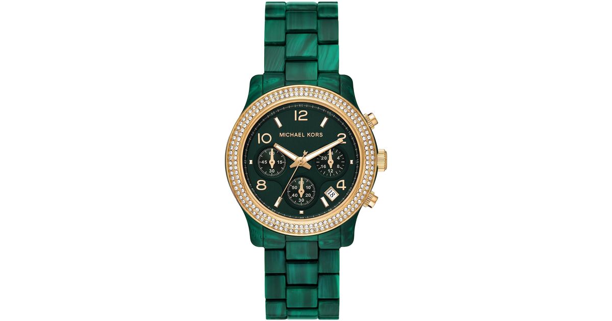 Michael Kors Runway Pavé Gold-tone And Acetate Watch in Green | Lyst
