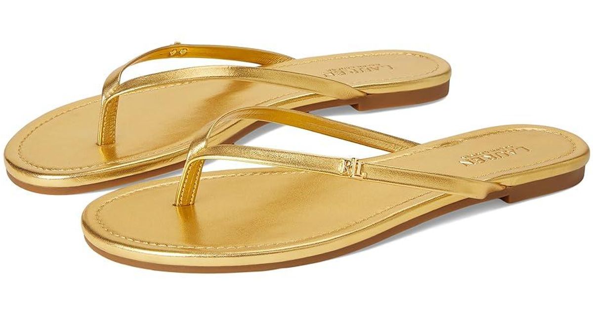 Ralph Lauren Raquel Metallic Leather Flip-Flops Wedge Shoes 8 B | Lyst