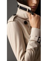 Burberry Long Leather Detail Gabardine Trench Coat in Natural - Lyst