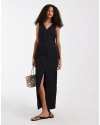 ASOS V-neck Column Midi Dress With Double Split in Brown | Lyst UK