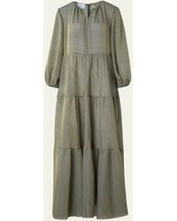 Akris Punto Long-Sleeve Tiered Silk Batiste A-Line Maxi Dress in Green ...