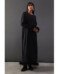 Warehouse Premium Satin Feather High Neck Swing Midi Dress in Blue | Lyst