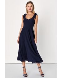 Lulus Sophisticated Charisma Dark Tie-Strap A-Line Midi Dress in Blue ...