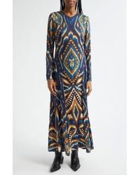 FARM Rio Long Sleeve Satin Maxi Dress, Pineapple Ikat in Blue | Lyst