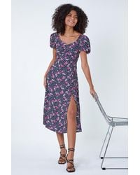 D.u.s.k Floral Print Puff Sleeve Midi Dress in Blue | Lyst UK