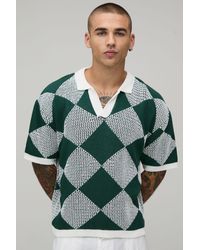 BoohooMAN Oversized Boxy Open Stitch Crochet Knitted Polo in Green for ...