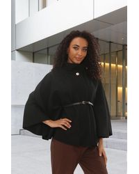Femme Luxe Belted High Neck Cape Coat in Green | Lyst UK
