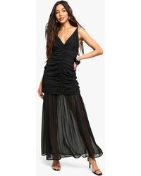 Boohoo Chiffon Extreme Ruched Plunge Front Maxi Dress in Natural | Lyst UK