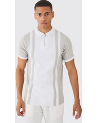 BoohooMAN Slim Panelled Zip Neck Interlock Polo in White for Men | Lyst UK