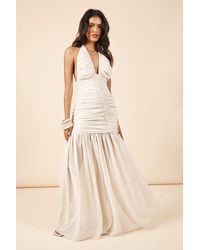 Boohoo Chiffon Extreme Ruched Plunge Front Maxi Dress in Natural | Lyst UK