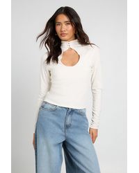 Boohoo Cupro Key Hole Button Detail Long Sleeve Top in Blue | Lyst UK