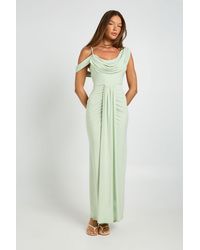 Boohoo Double Layer Slinky Drape Front Cold Shoulder Maxi Dress in Blue ...