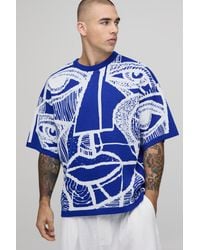 BoohooMAN Tall Oversized Jacquard Abstract Face Knitted T-Shirt in Grey ...
