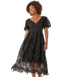 Roman Crochet Lace V Dress in Natural | Lyst UK