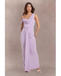 Boohoo Double Layer Slinky Drape Front Cold Shoulder Maxi Dress in Blue ...