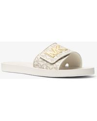 Michael Kors Outlet Palmer Printed Signature Logo Slide Sandal in White ...