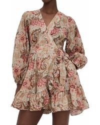 Zimmermann Metallic Frill Wrap Mini Dress in Natural | Lyst