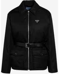 Prada Triangle Logo Re-Nylon Belted Padded Jacket in Black | Lyst