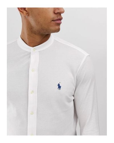 Polo Ralph Lauren Cotton Player Logo Grandad Collar Pique Shirt Slim Fit in White for Men - Lyst