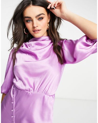 Asos Pleat Cowl Neck Satin Midi Tea Dress With Puff Sleeve In Lilac