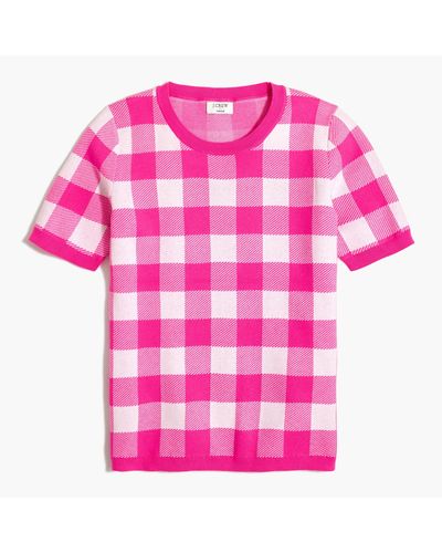 J Crew Cotton Short Sleeve Gingham Sweater In Pink Lyst