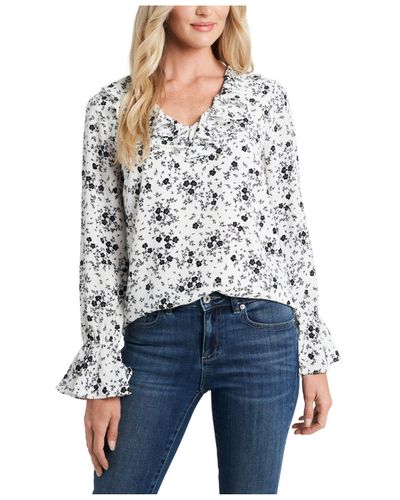 Cece Synthetic Floral Print Ruffled Blouse In White Lyst