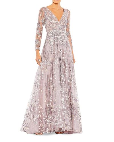 Mac Duggal Synthetic Semi Sheer Floral Embroidered Gown In Lilac