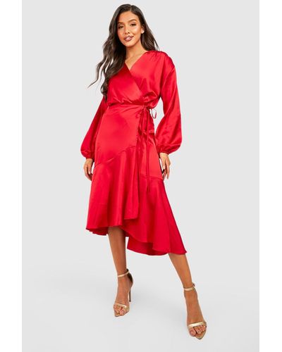 Red Satin Wrap Dress for Women - Up to 74% off | Lyst