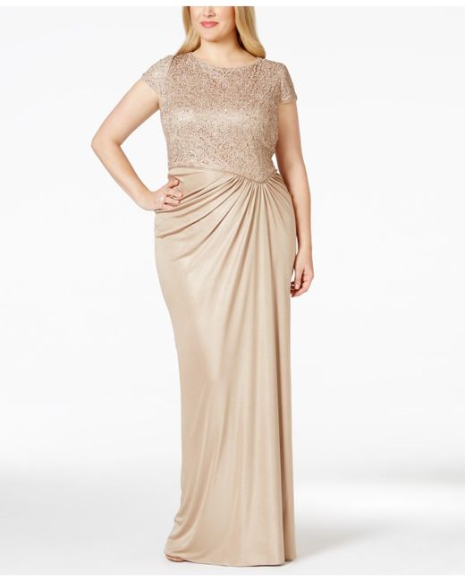 Adrianna Papell Plus Size Embellished Lace Ruched Dress In Metallic Lyst