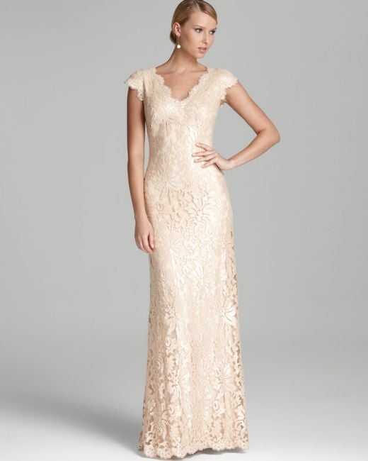 Tadashi Shoji Lace Gown Cap Sleeve V Neck Sequin in White | Lyst