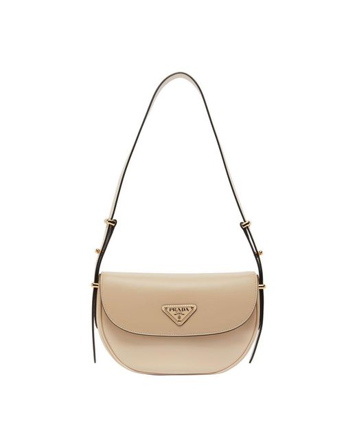 Prada Arqué Leather Shoulder Bag With Flap in Natural | Lyst