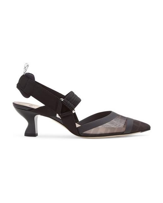 Fendi Black Leather And Mesh Slingbacks With Medium Heel in Brown | Lyst