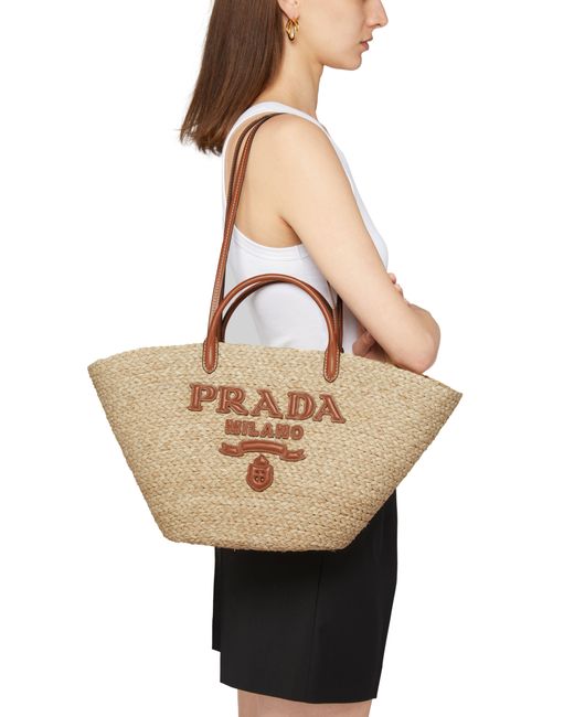 Prada Large Raffia And Leather Basket in Brown | Lyst