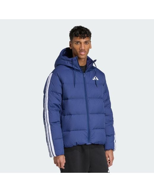 adidas Essentials Climawarm 3-Stripes Puffer Down Hooded Jacket in Blue ...