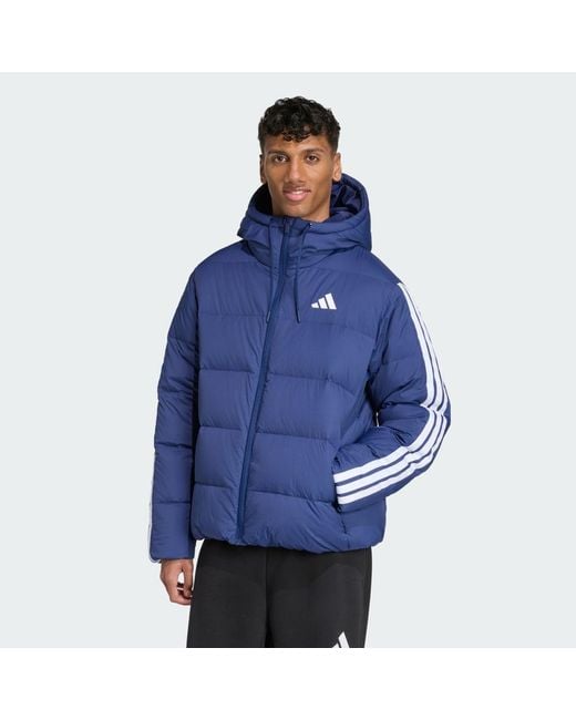 adidas Essentials Climawarm 3-Stripes Puffer Down Hooded Jacket in Blue ...