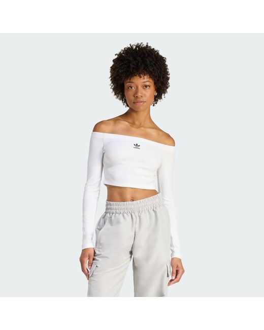 adidas Essentials Rib Off Shoulder Long-Sleeve Top T-Shirt in White ...