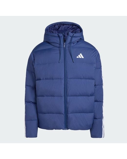 adidas Essentials Climawarm 3-Stripes Puffer Down Hooded Jacket in Blue ...