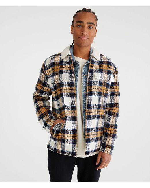 Aéropostale Plaid Sherpa-Lined Full-Zip Shacket in Brown for Men | Lyst