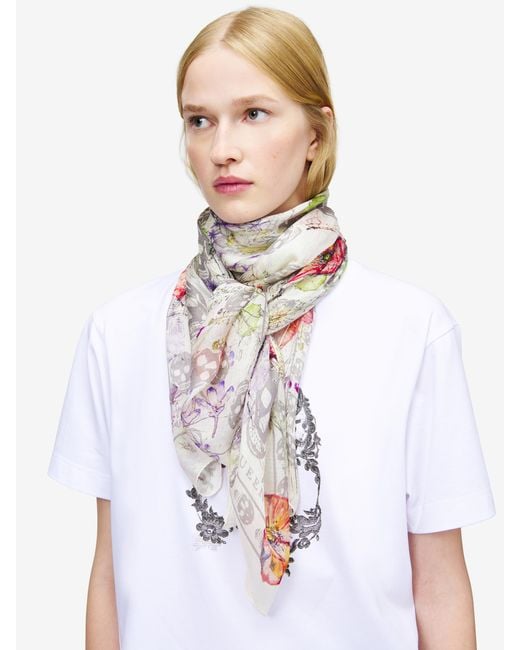 McQueen Skull & Spider Floral Scarf in White | Lyst UK