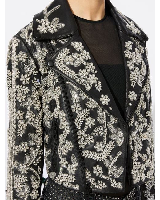 Alice + Olivia Cody Embellished Leather Jacket in Gray | Lyst