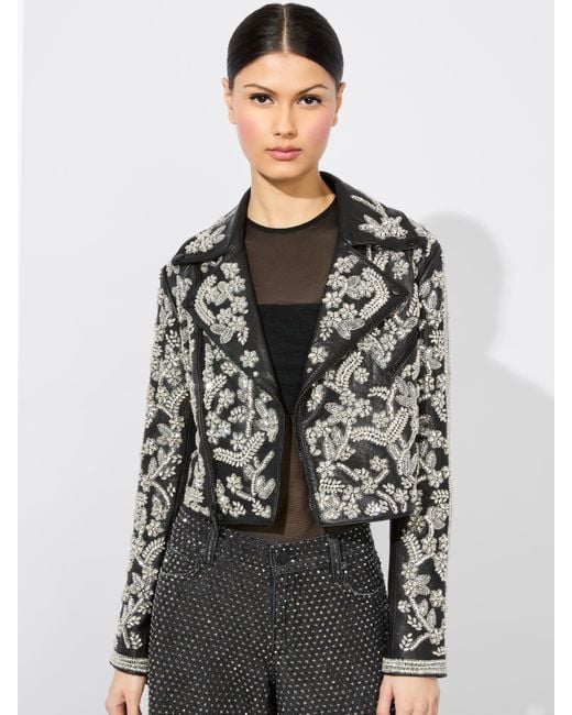 Alice + Olivia Cody Embellished Leather Jacket in Gray | Lyst