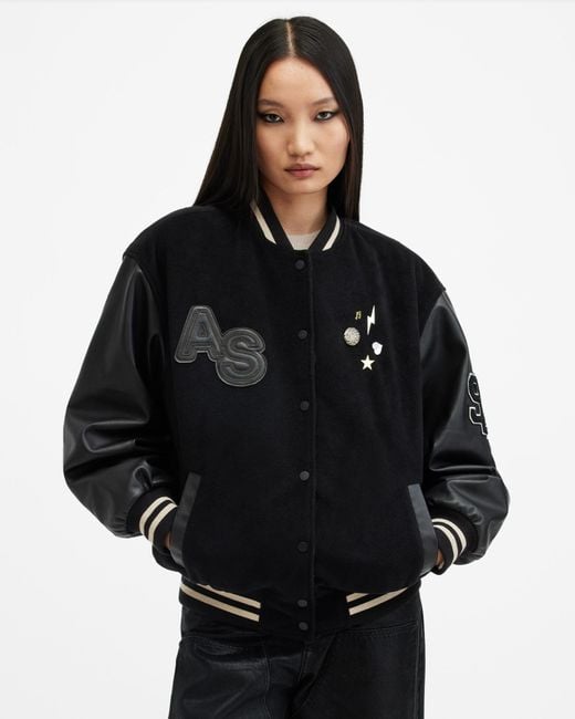 AllSaints Valeria Varsity Leather Bomber Jacket in Black | Lyst