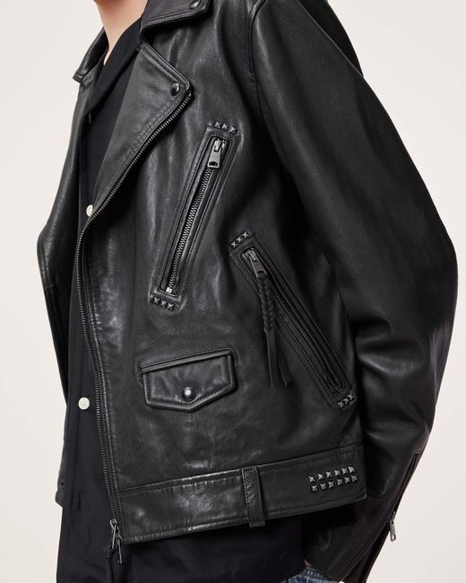 AllSaints Ronnet Leather Biker Jacket in Blue for Men | Lyst