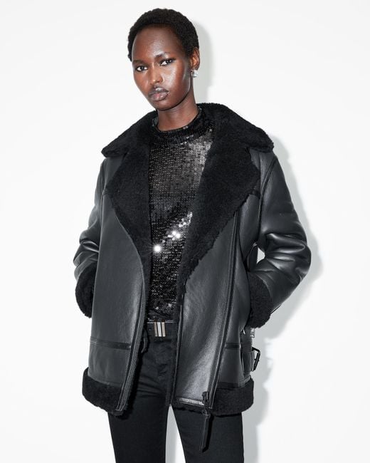AllSaints Oversized Shearling Biker Leather Jacket in Black | Lyst